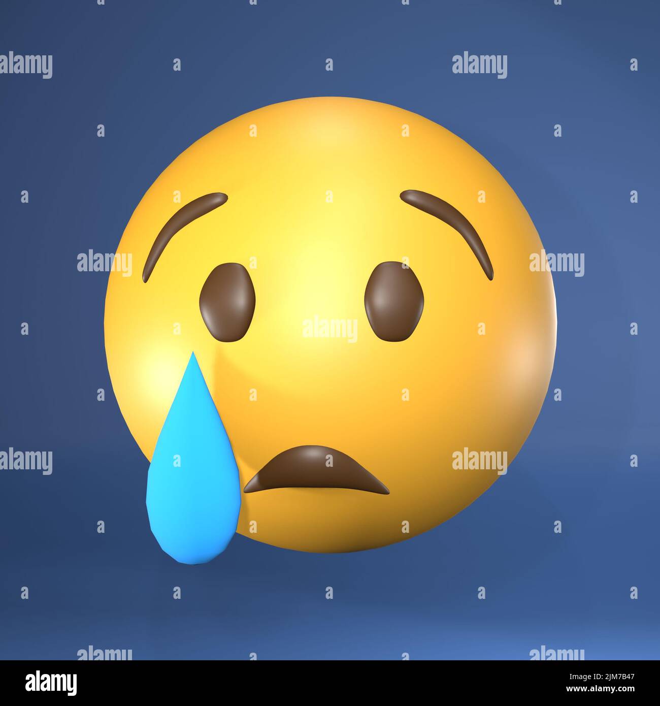 A 3D rendering of a yellow emoji with a crying face in a blue ...