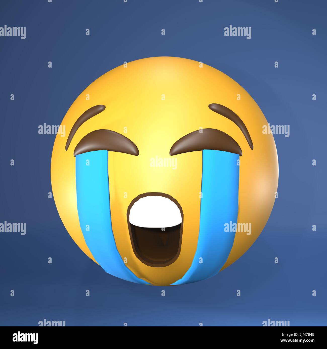 A 3D rendering of a yellow emoji with a crying face isolated on a blue ...