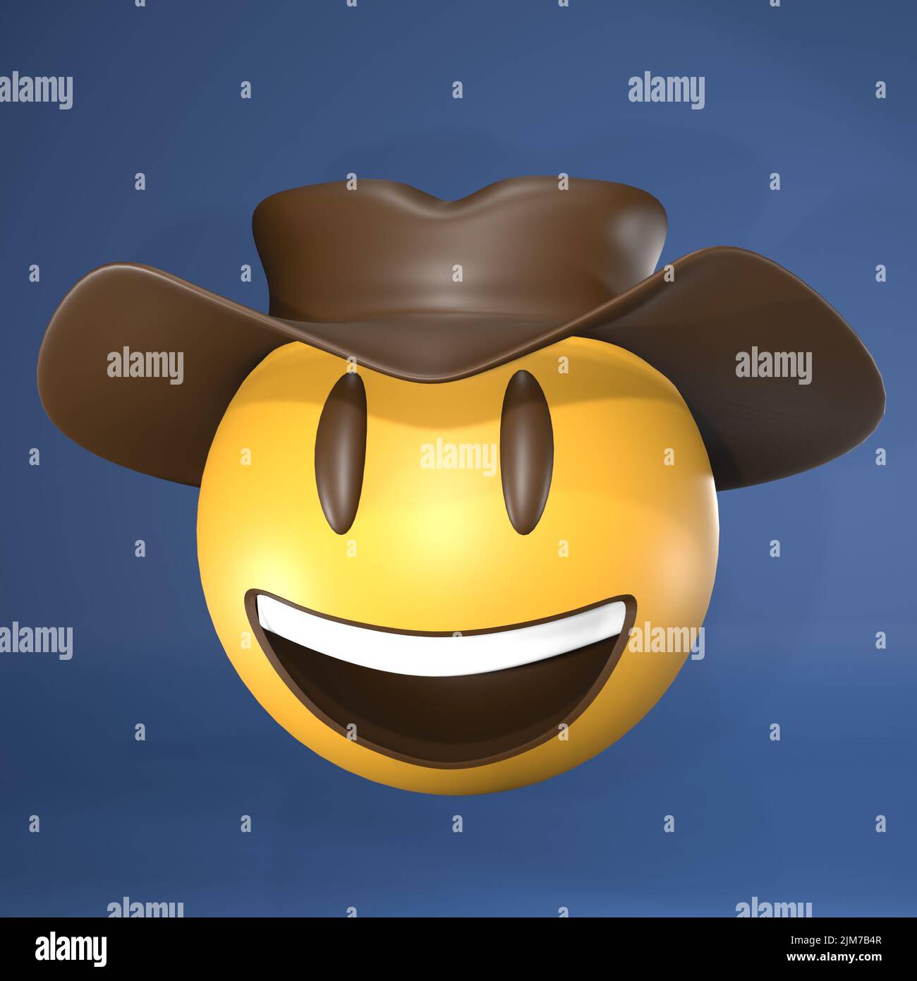 A 3D illustration of a yellow cowboy hat face emoji isolated in a blue ...
