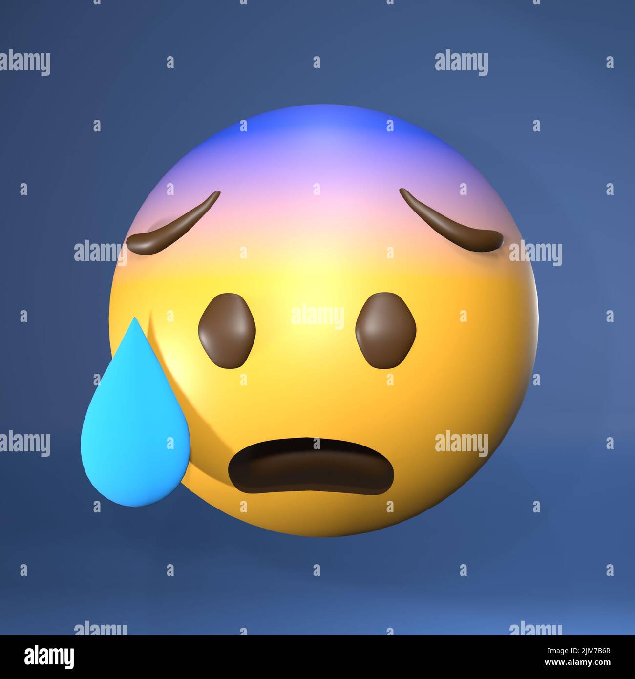 A vertical 3d rendering of a yellow emoji face isolated on blue background. Anxious Face with ...