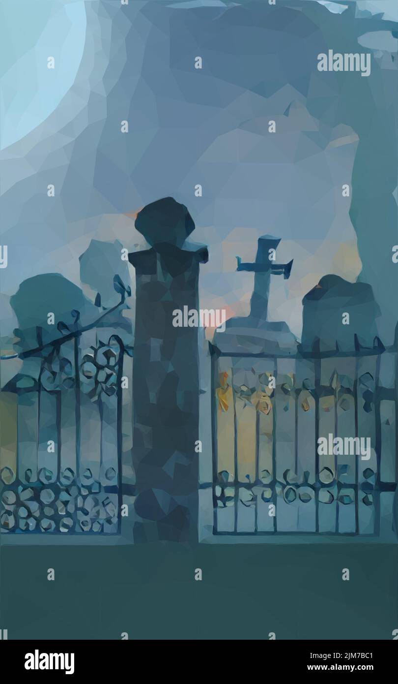 A low poly style illustration of a haunted cemetery at night Stock ...
