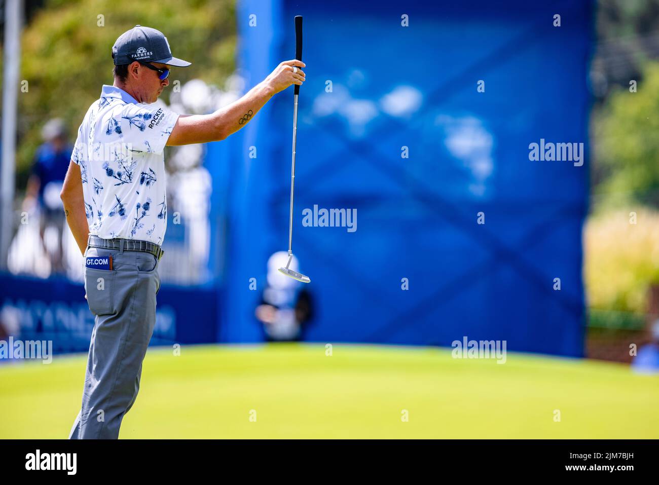 Greensboro, NC. August 4, 2022: Rickie Fowler lines up a put on the 9th ...