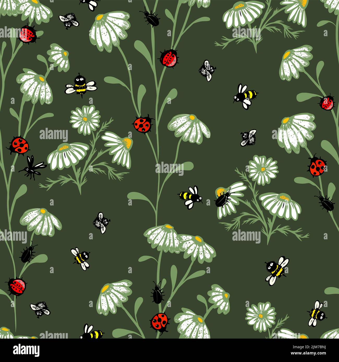 Seamless pattern of chamomile and bees. Ladybugs on flowers. Vector ...