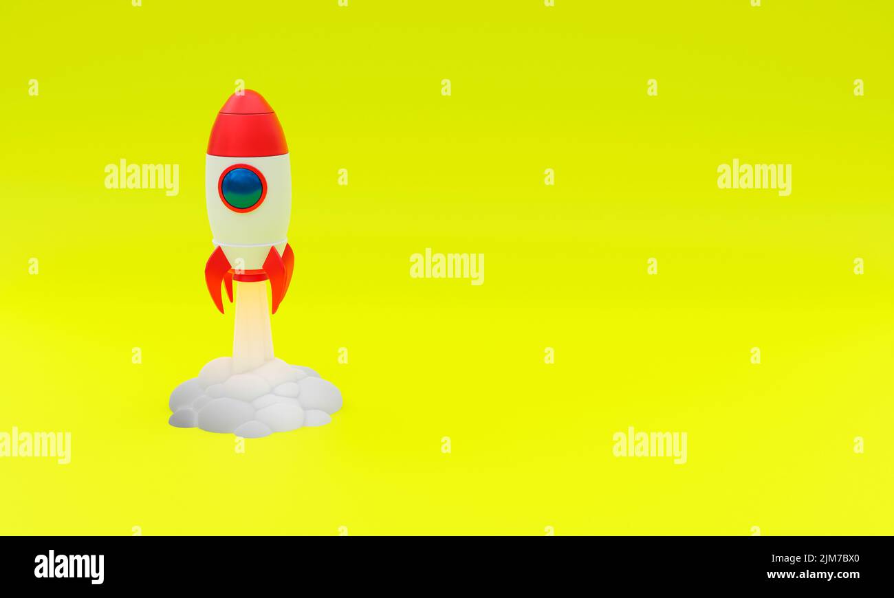 A 3D illustration of a rocket launch on a yellow background - business ...