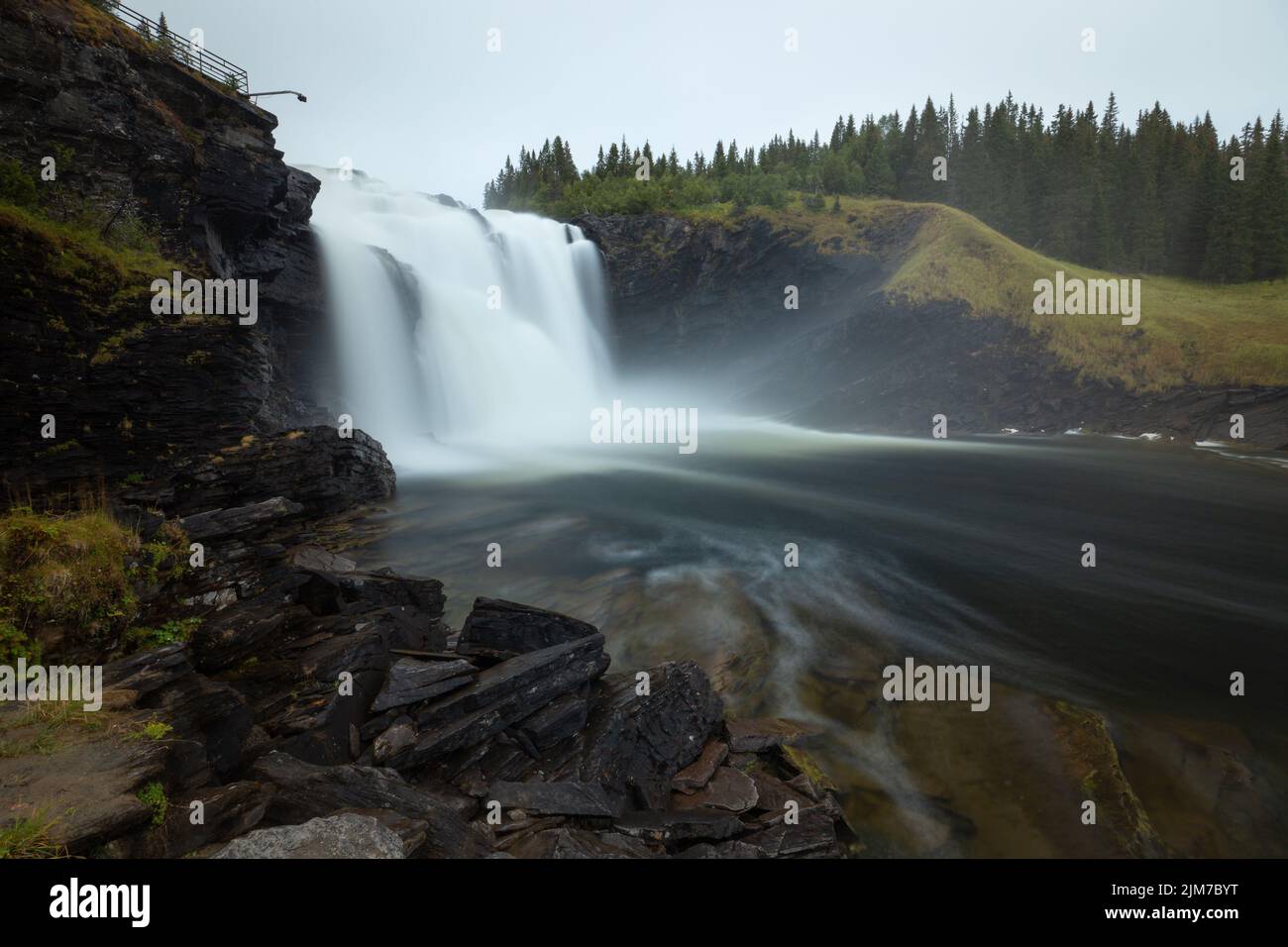 One of the largest waterfalls of Sweden - Tannforsen. Summertime water ...