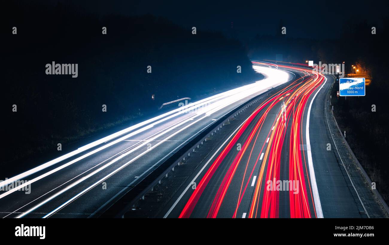An aerial view of long exposure cars lights in Landau, Germany Stock ...
