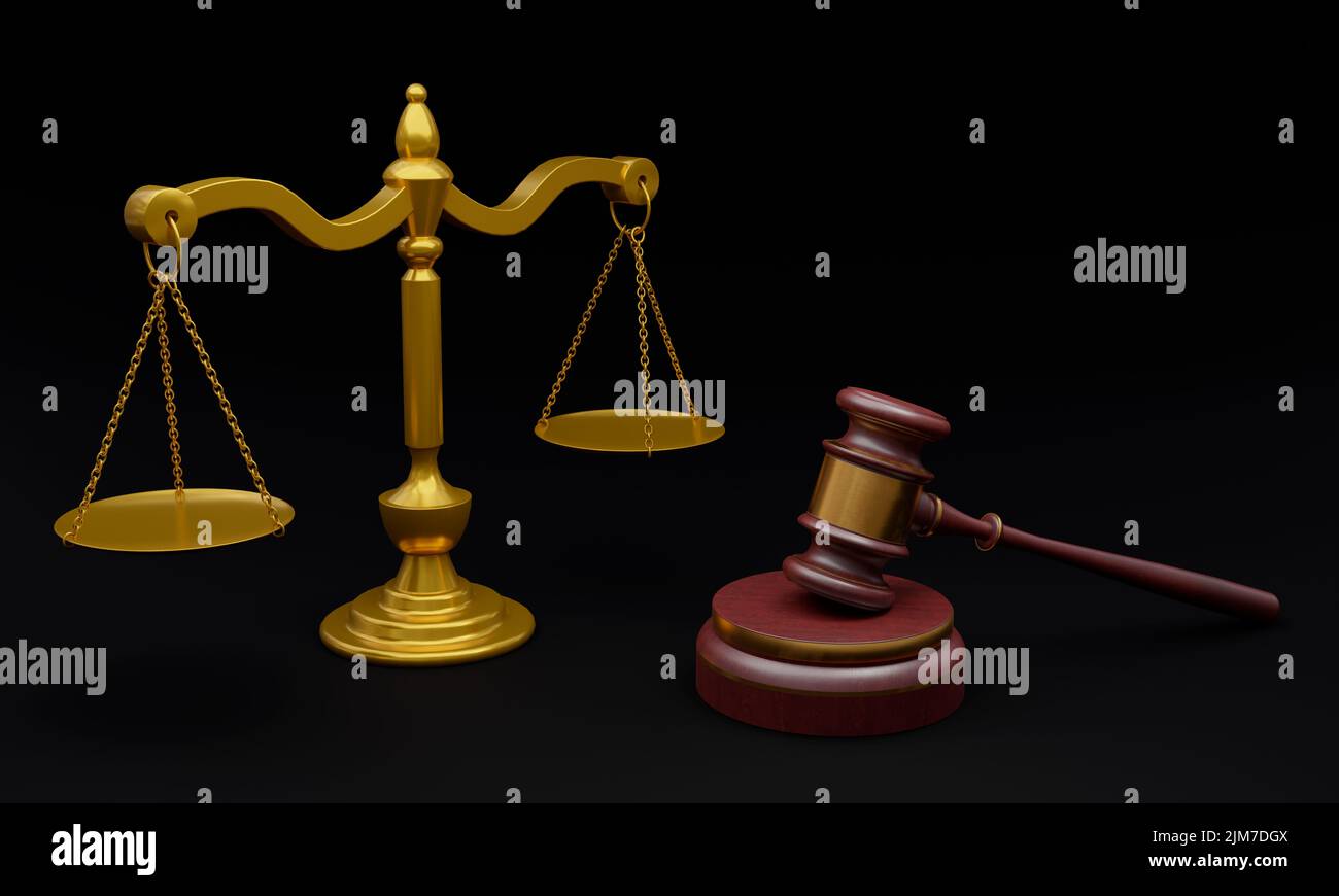 A 3d rendering of scales of justice and gavel of the judge isolated on ...