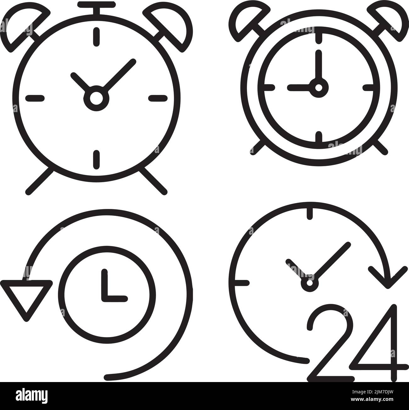 A set of alarm clock icons showing different times on a white ...