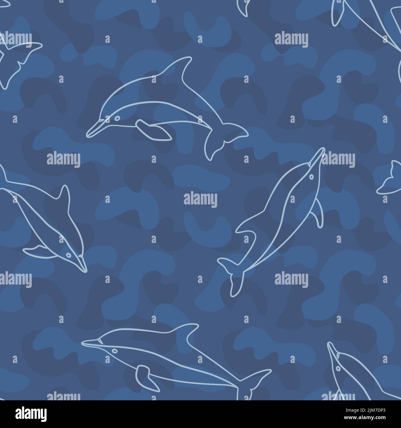 Dolphin seamless pattern in doodle and line style on blue military ...