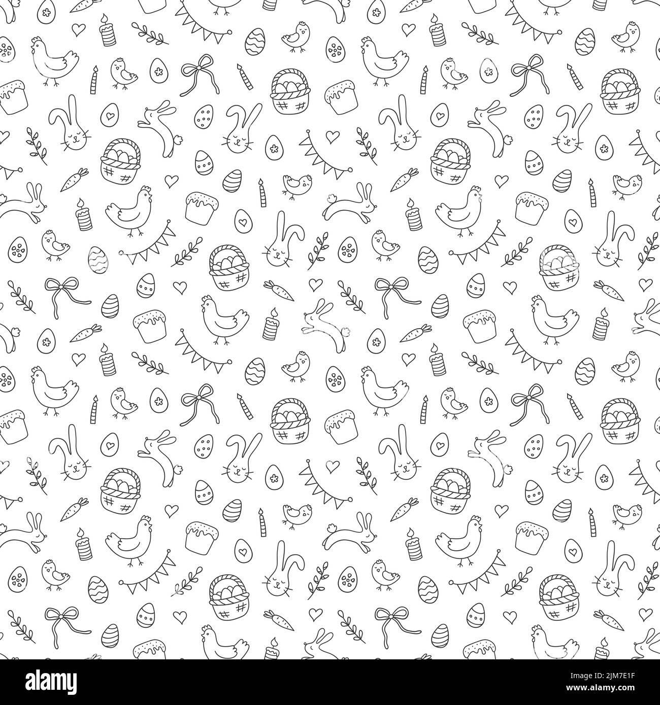 Easter seamless pattern with eggs, rabbits, hens, chicken and other ...