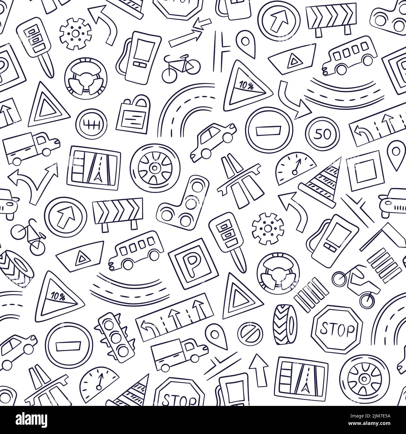 Road signs, markings, traffic lights and cars. Hand drawn seamless ...