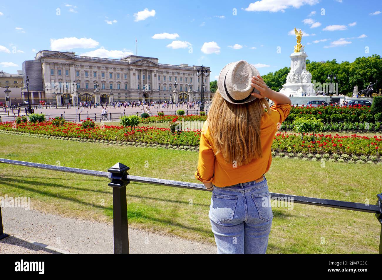 Back view of young tourist woman visiting London, United Kingdom Stock ...
