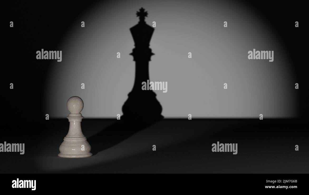 A chess pawn that is illuminated and has the shadow of a chess king ...