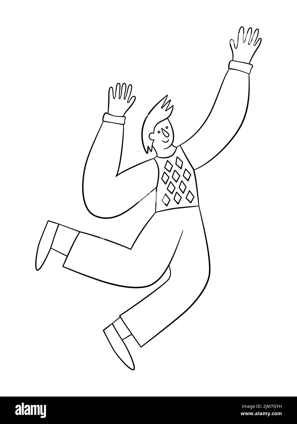 Cheerful positive man jumping in the air with raised hands. Trendy ...
