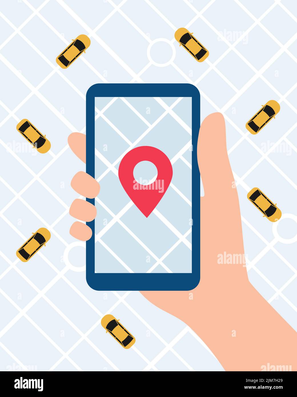 Online Taxi service app. Hand with smartphone and taxi application on ...