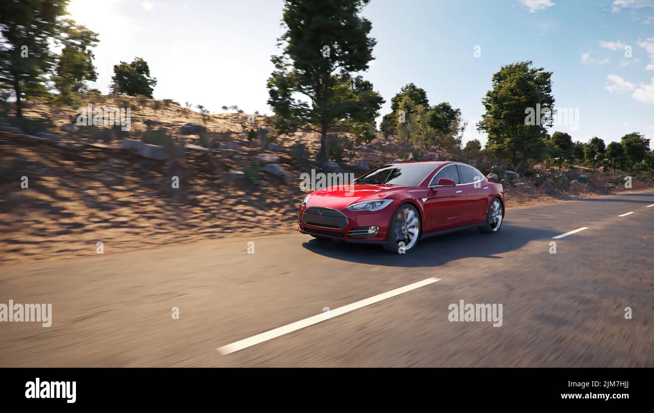 A 3D visualization of a red electric car driving on the road Stock ...