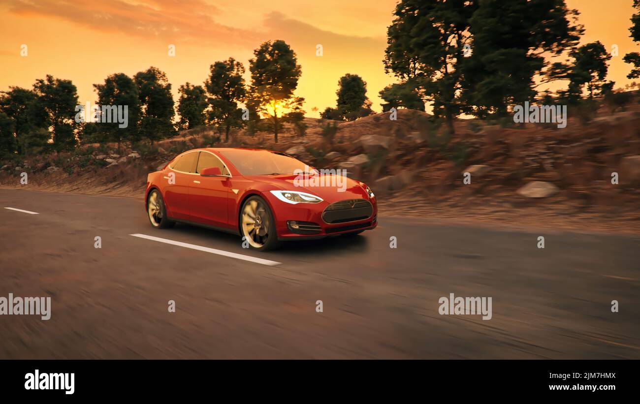 A 3D visualization of a red electric car driving on the road in sunset ...