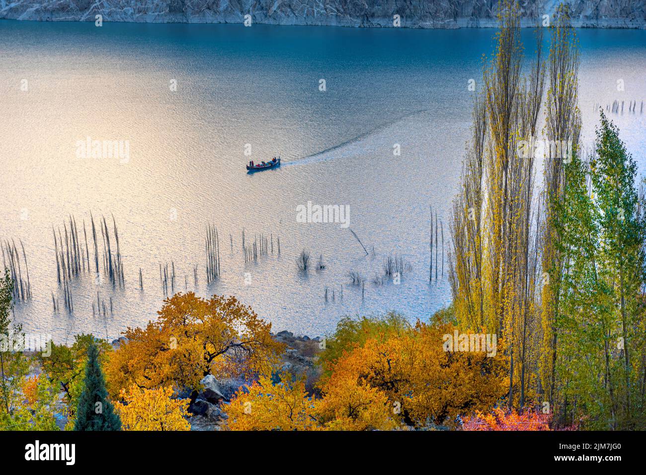 beautiful landscape of mountain lake with boats and bank , atabad lake ...