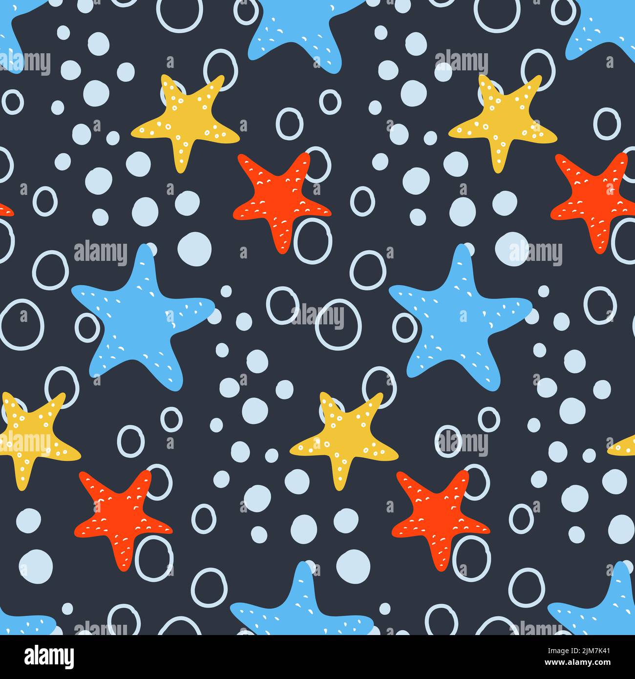 Bright starfish with bubbles on a dark background seamless pattern for ...