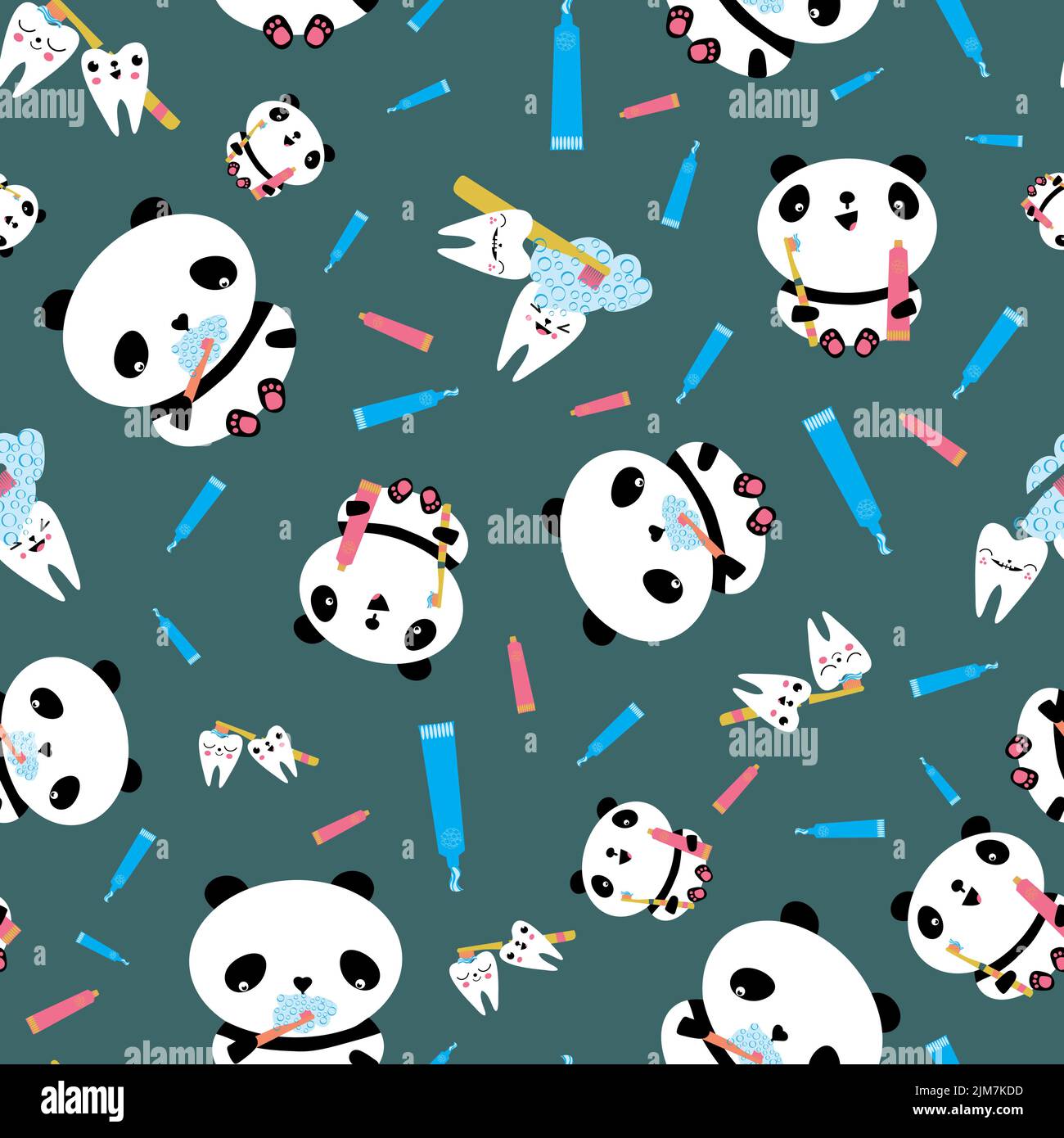Kawaii panda kids dental health care vector educational seamless ...