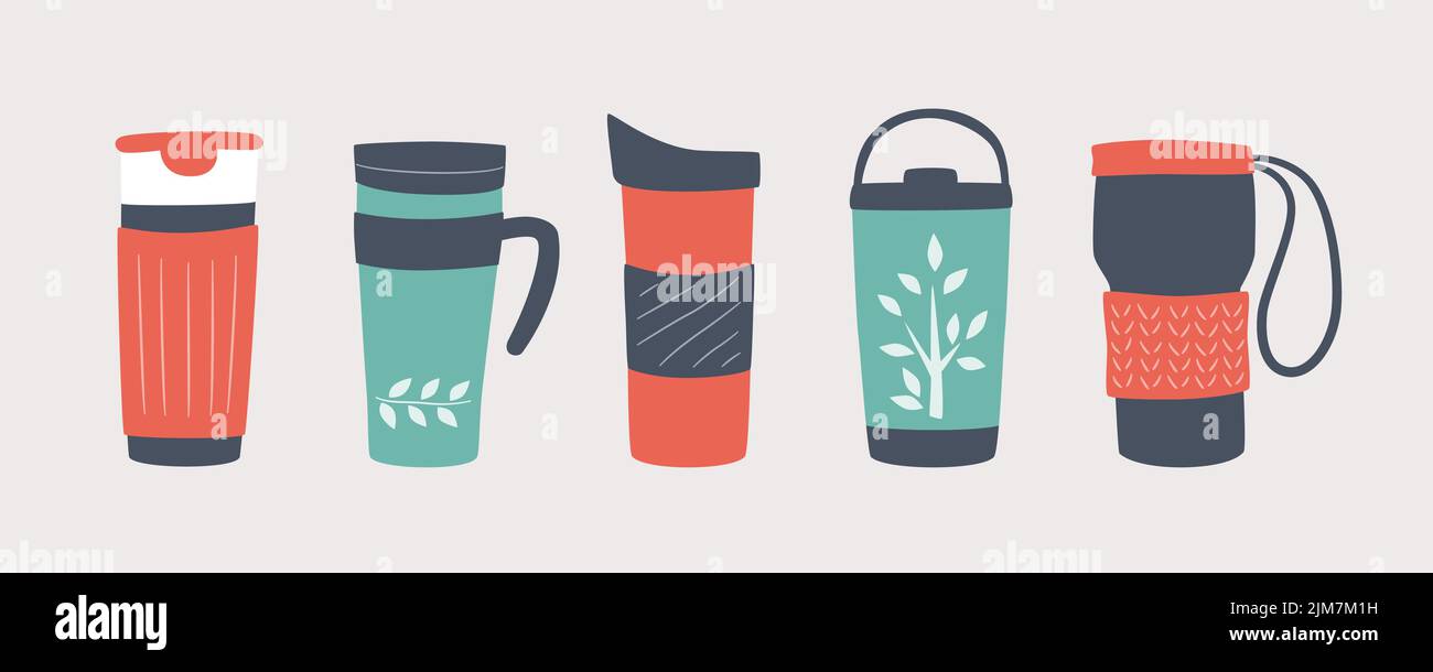 Reusable cups, thermo mug and tumblers with cover. Set of vector ...
