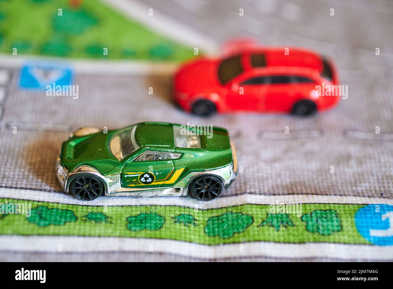 A view of Mattel Hot Wheels futuristic looking toy model cars on a play ...