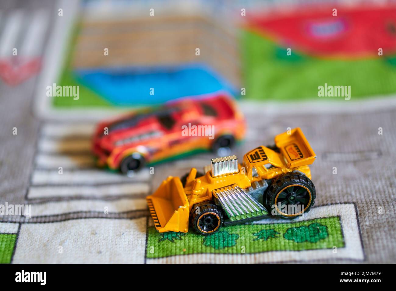 A view of Mattel Hot Wheels futuristic looking toy model cars on a play ...
