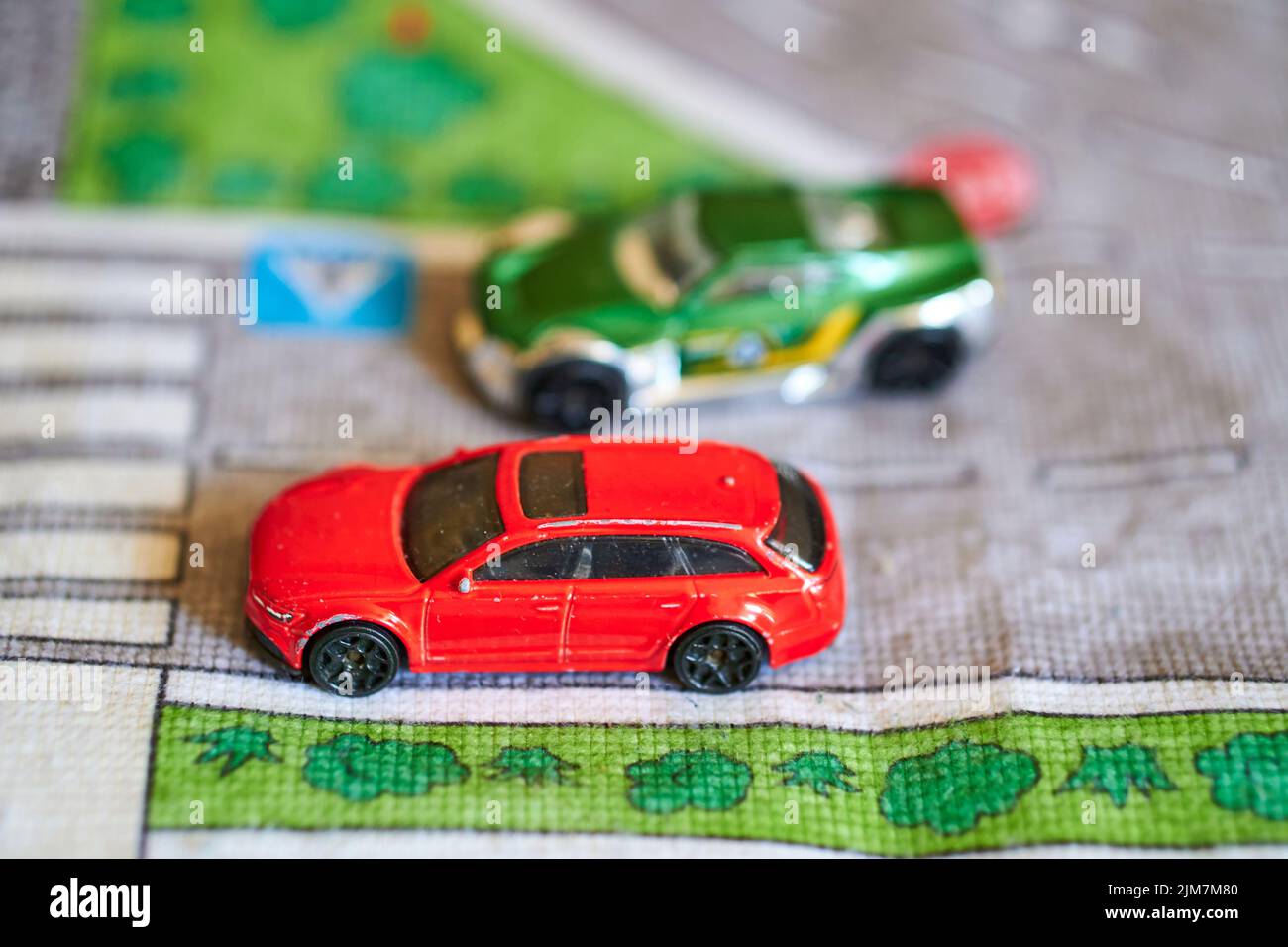 A view of Mattel Hot Wheels futuristic looking toy model cars on a play ...