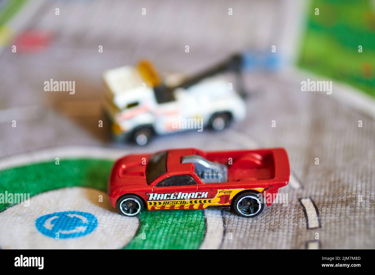 A view of Mattel Hot Wheels futuristic looking toy model cars on a play ...