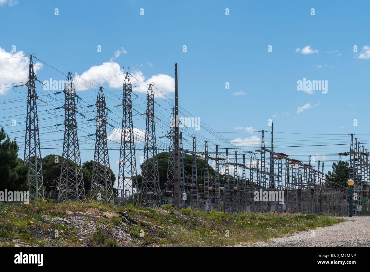 A view of utility poles in an electrical power station on a sunny day ...