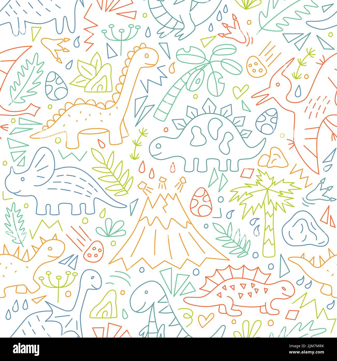 Cute doodle Dinosaurs. Dino colorful seamless pattern. Hand drawn vector illustration Stock ...