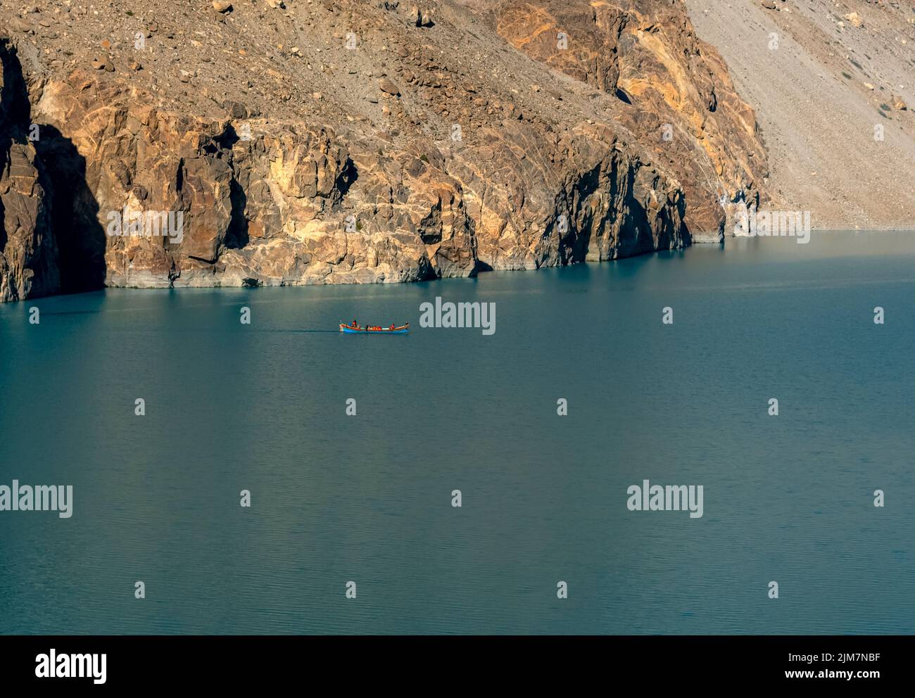 beautiful landscape of mountain lake with boats and bank , atabad lake ...