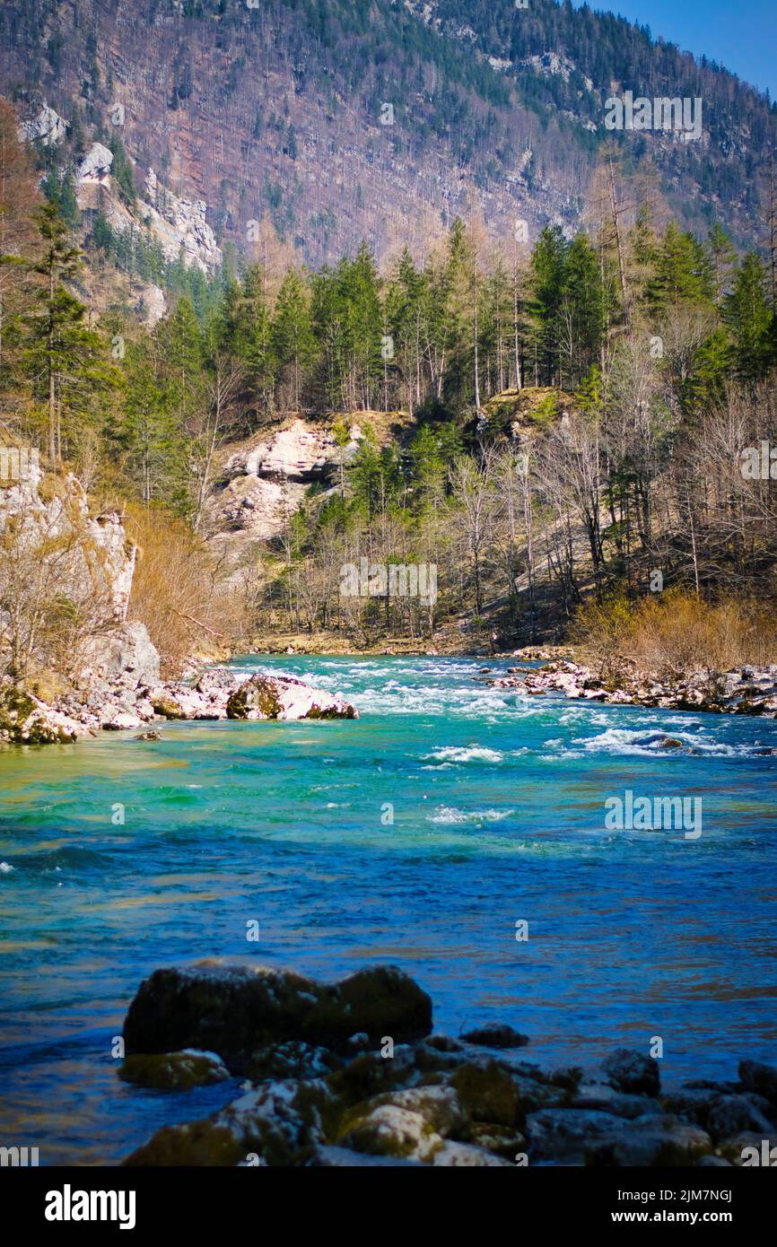 A vertical shot of a blue river in a forest with a mountain in the ...