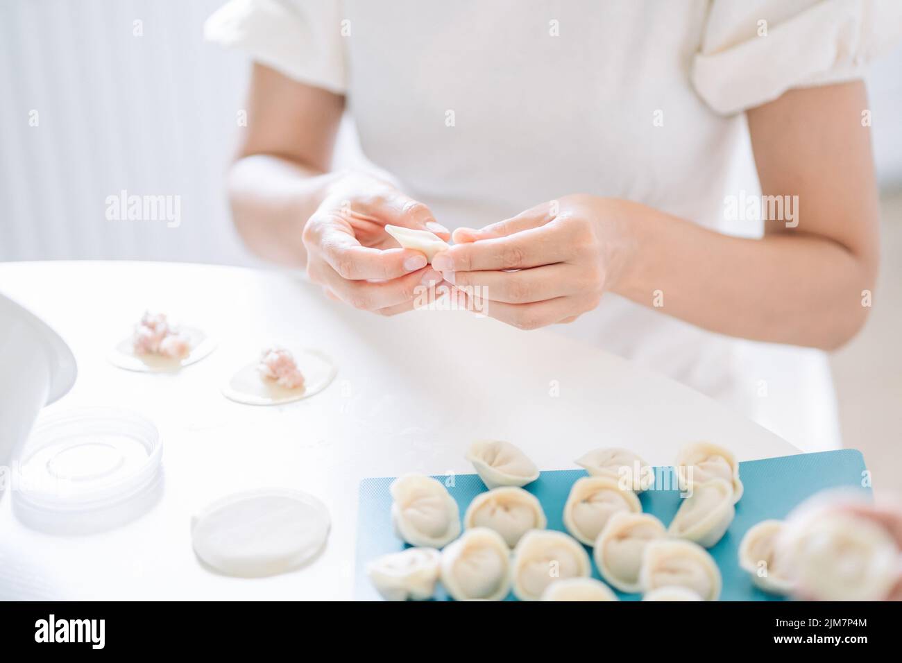 Woman making dumplings. Front view of woman's hands making meat ...