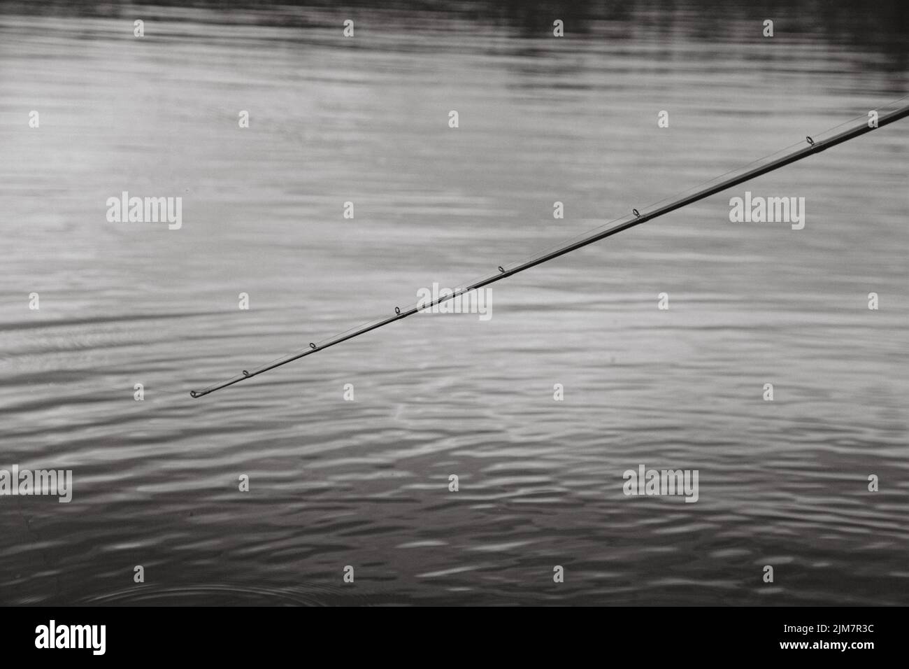 A view of fishing rod over water in black and white Stock Photo - Alamy