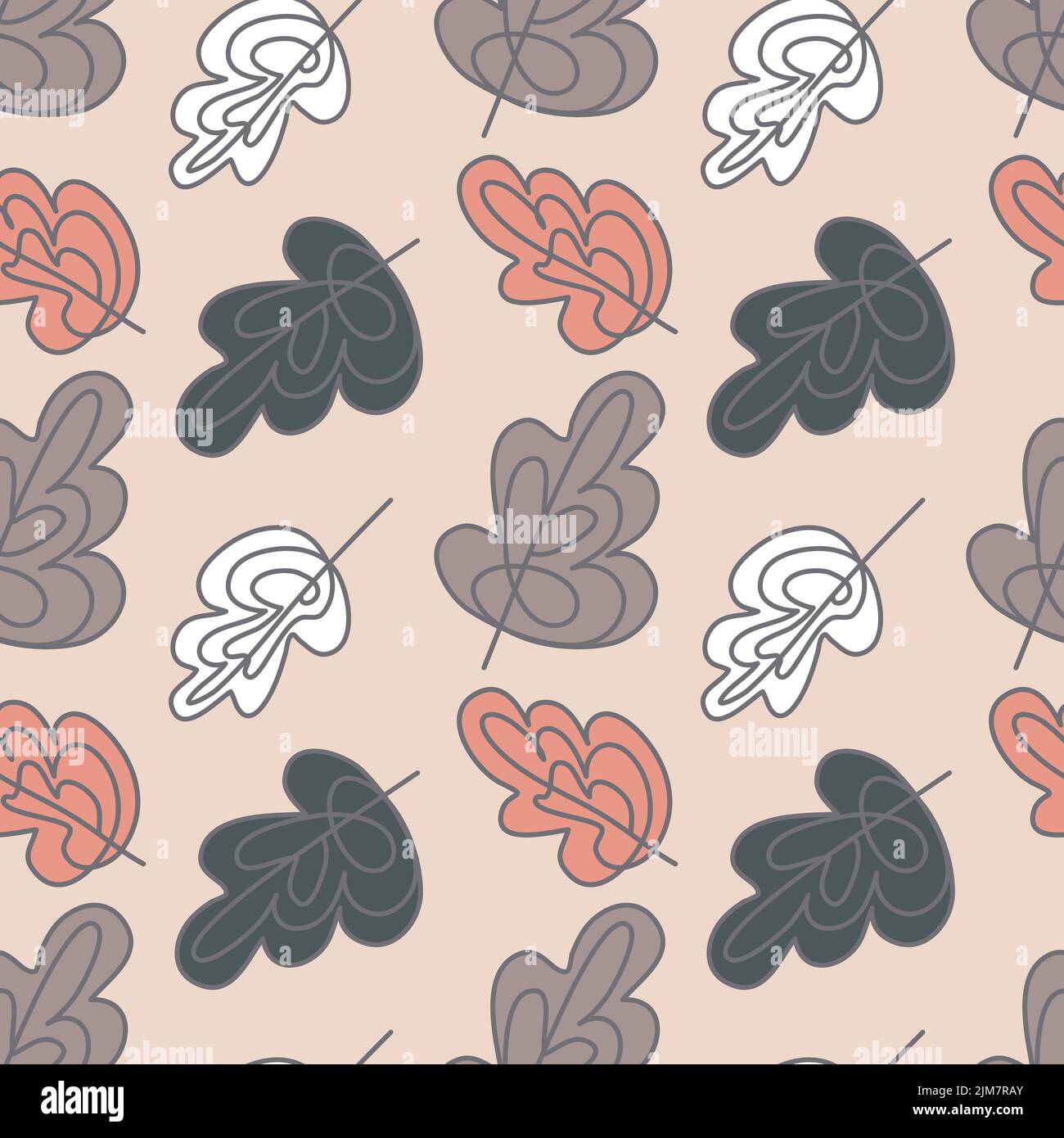 Pink gray deciduous tree leaf seamless pattern cute trendy hand drawn background for design ...