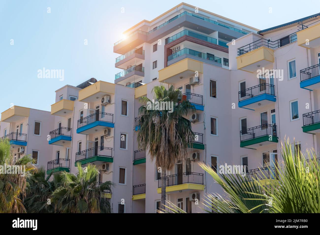 Row of apartment houses in Alanya, Turkey. The facade of the building ...
