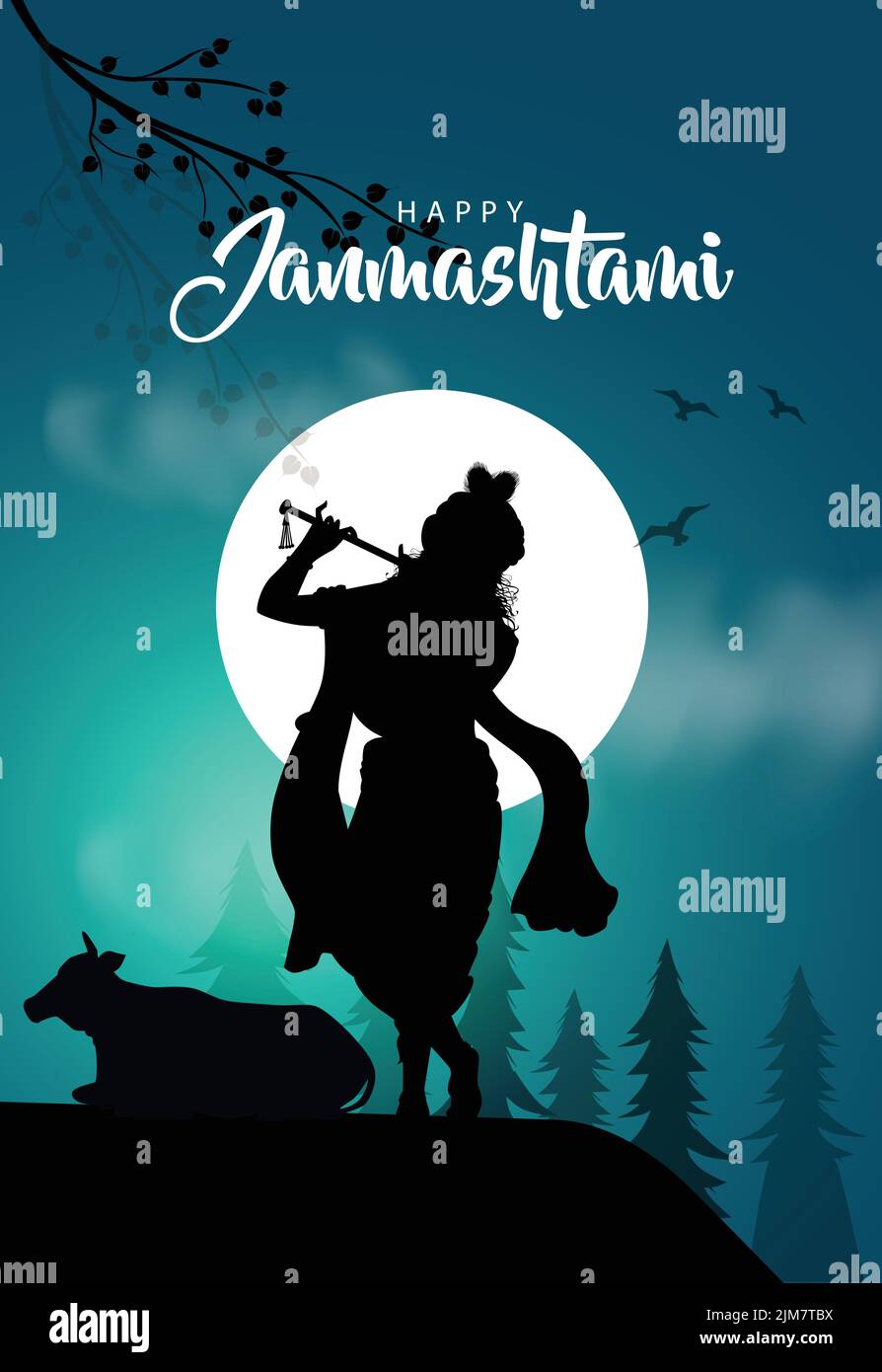 Happy Janmashtami With blue Background Silhouette Vector Illustration ...