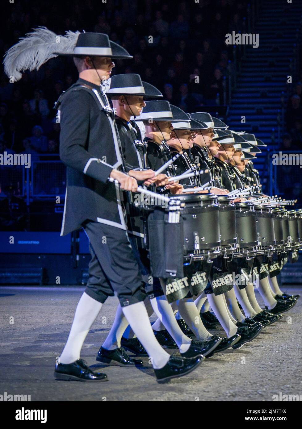 The Top Secret Drum Corps perform on the Esplanade of Edinburgh Castle at this year's Royal ...