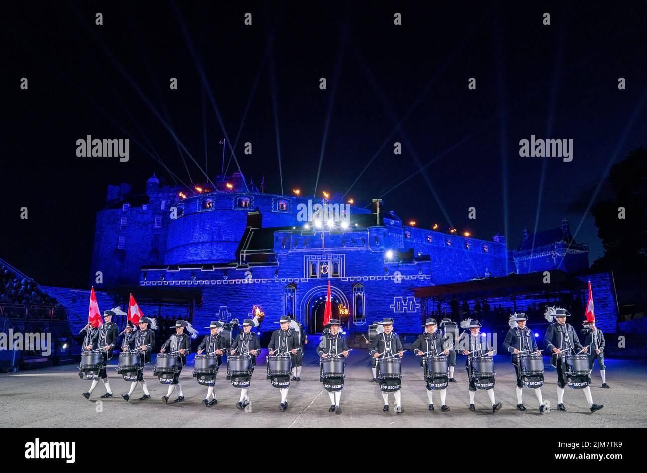 The Top Secret Drum Corps perform on the Esplanade of Edinburgh Castle at this year's Royal ...