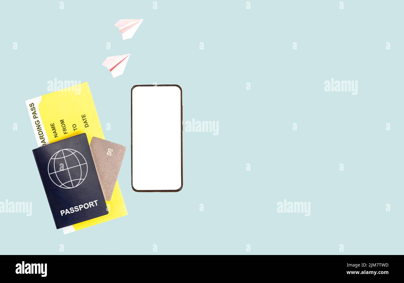 Banner with phone mockup for travel app, passport, boarding pass ...