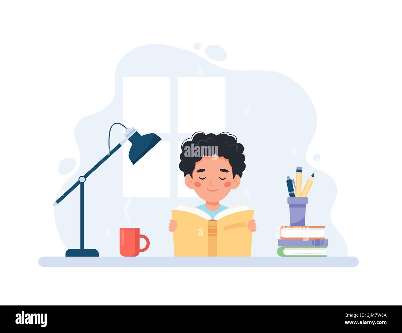 Boy reading a book sitting at a desk. Cute vector illustration concept ...