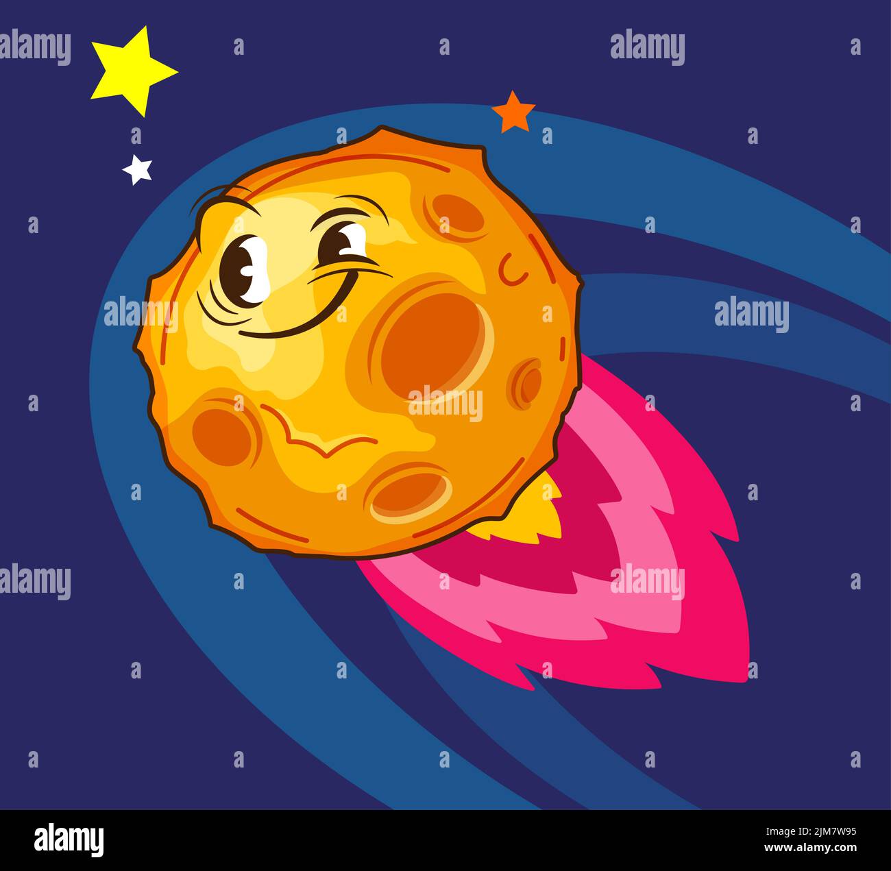 Asteroid flying in space. Square retro sticker in cartoon style. Vector ...