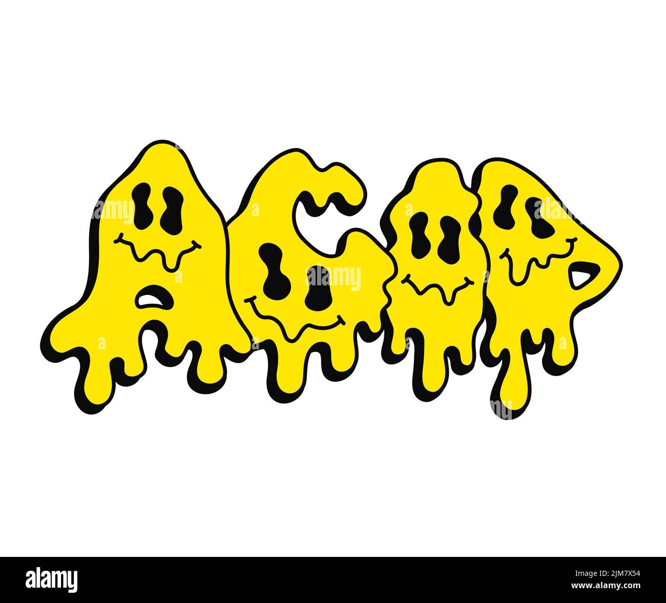 Acid quote,melt emoji face print for t-shirt.Vector hand drawn cartoon ...