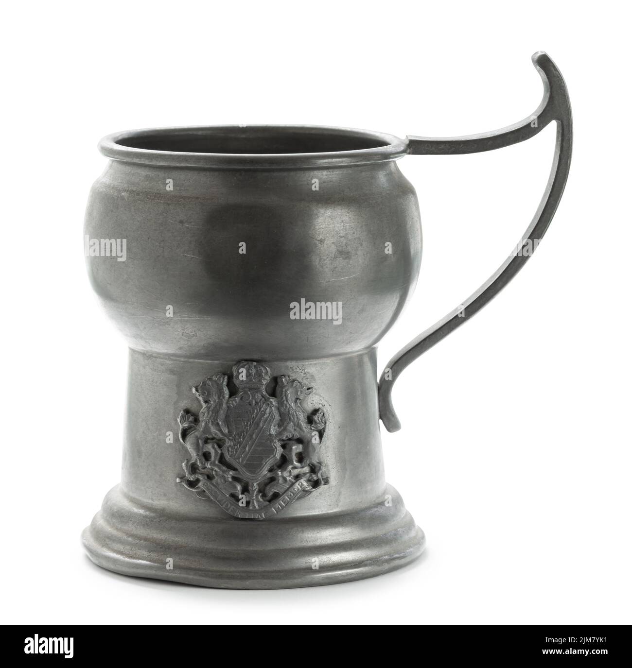 Antique pewter pitcher, with engraved Coat of Arms, isolated on white ...