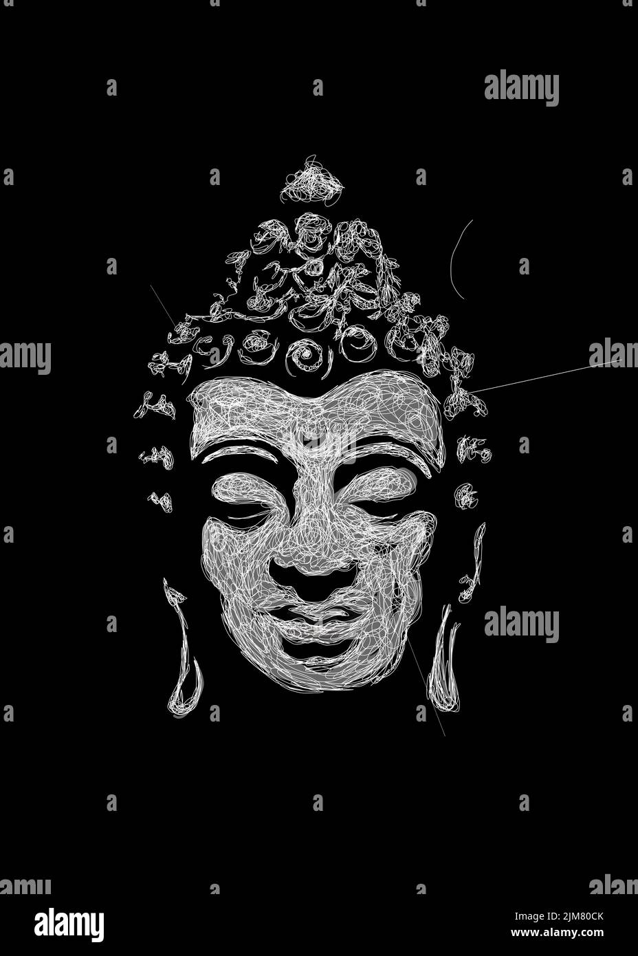 A vertical greyscale drawing of a Buddha portrait on a black background ...