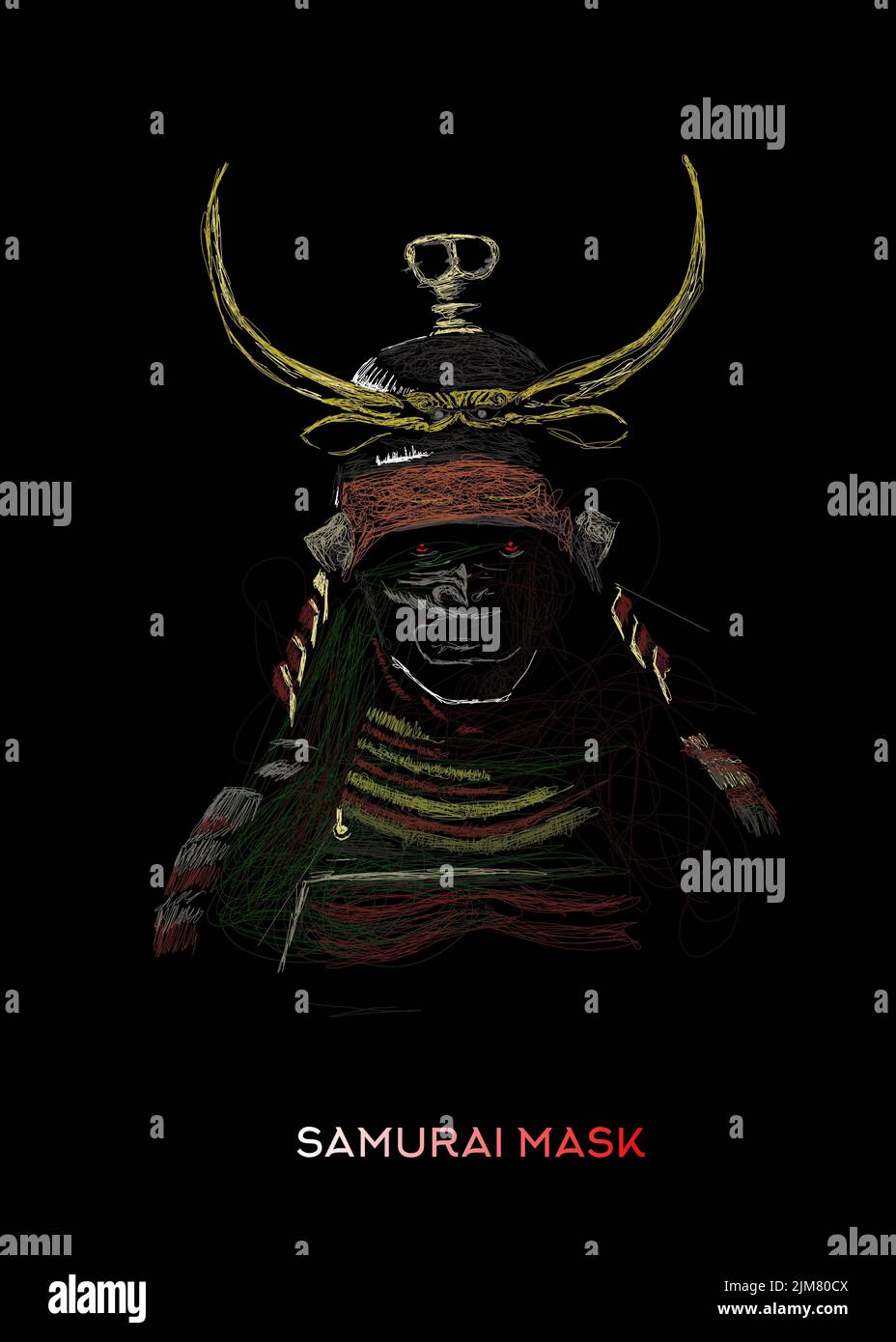 A 3d rendering of a samurai mask creature on a black background Stock ...