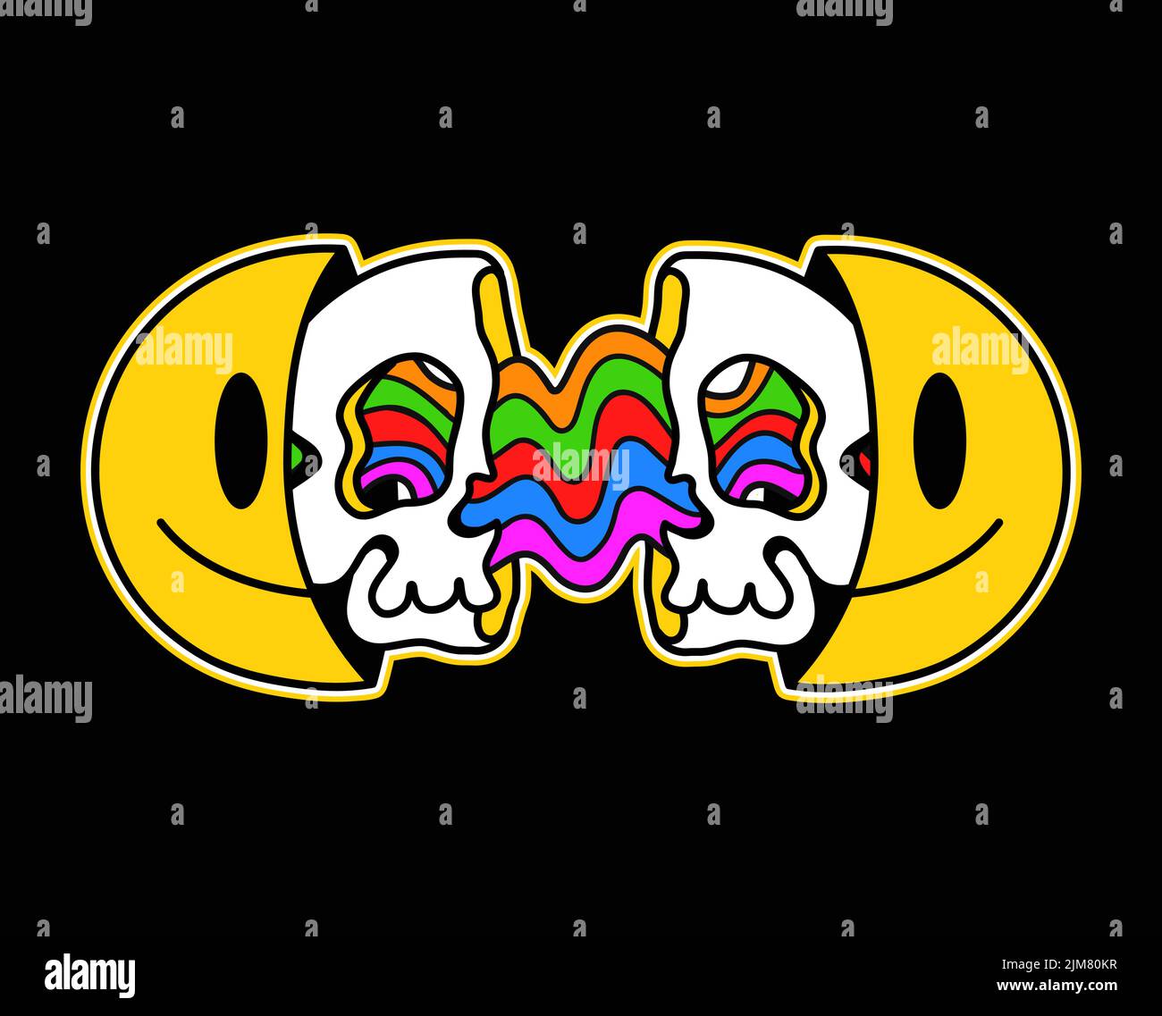 Two half of skull face,smile face,vibrant rainbow.Vector hand drawn ...