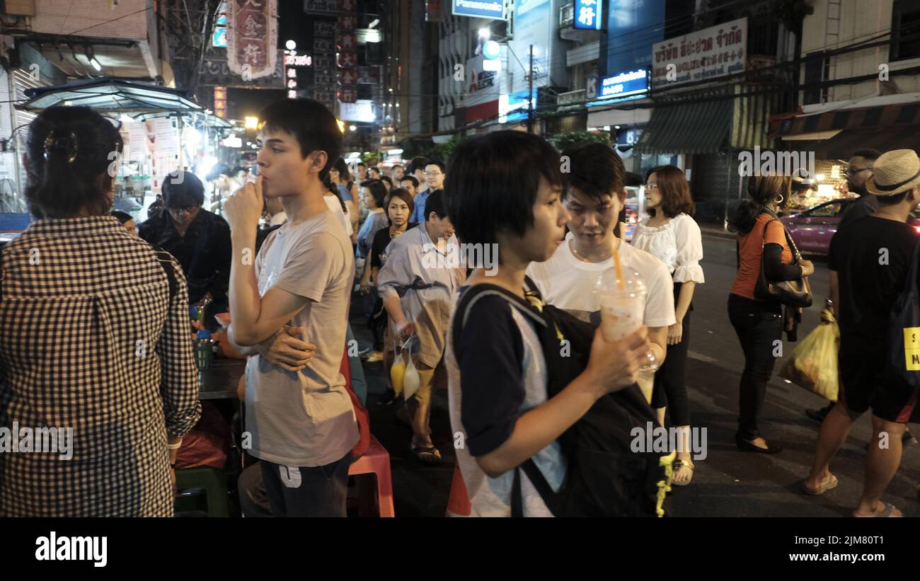 Crowds of People at night on Yaowarat Road the main street of Chinatown Bangkok Thailand Stock ...
