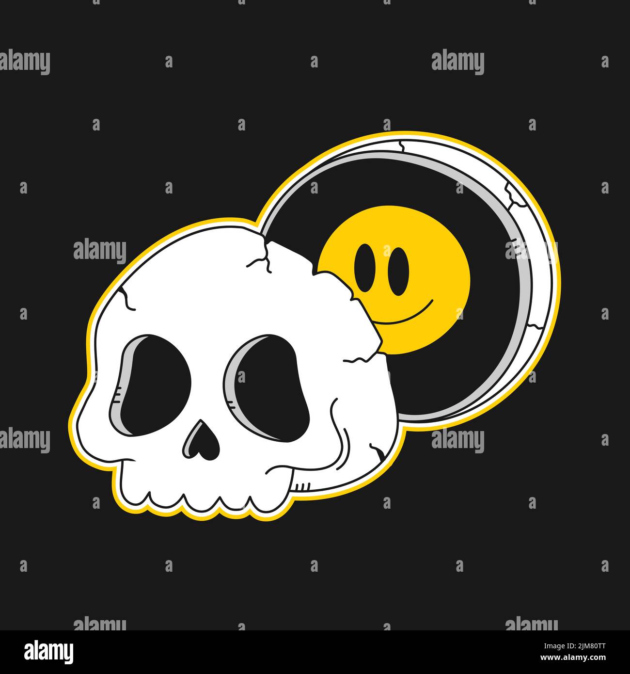 Half of skull with smile face inside.Vector hand drawn line doodle 70s ...